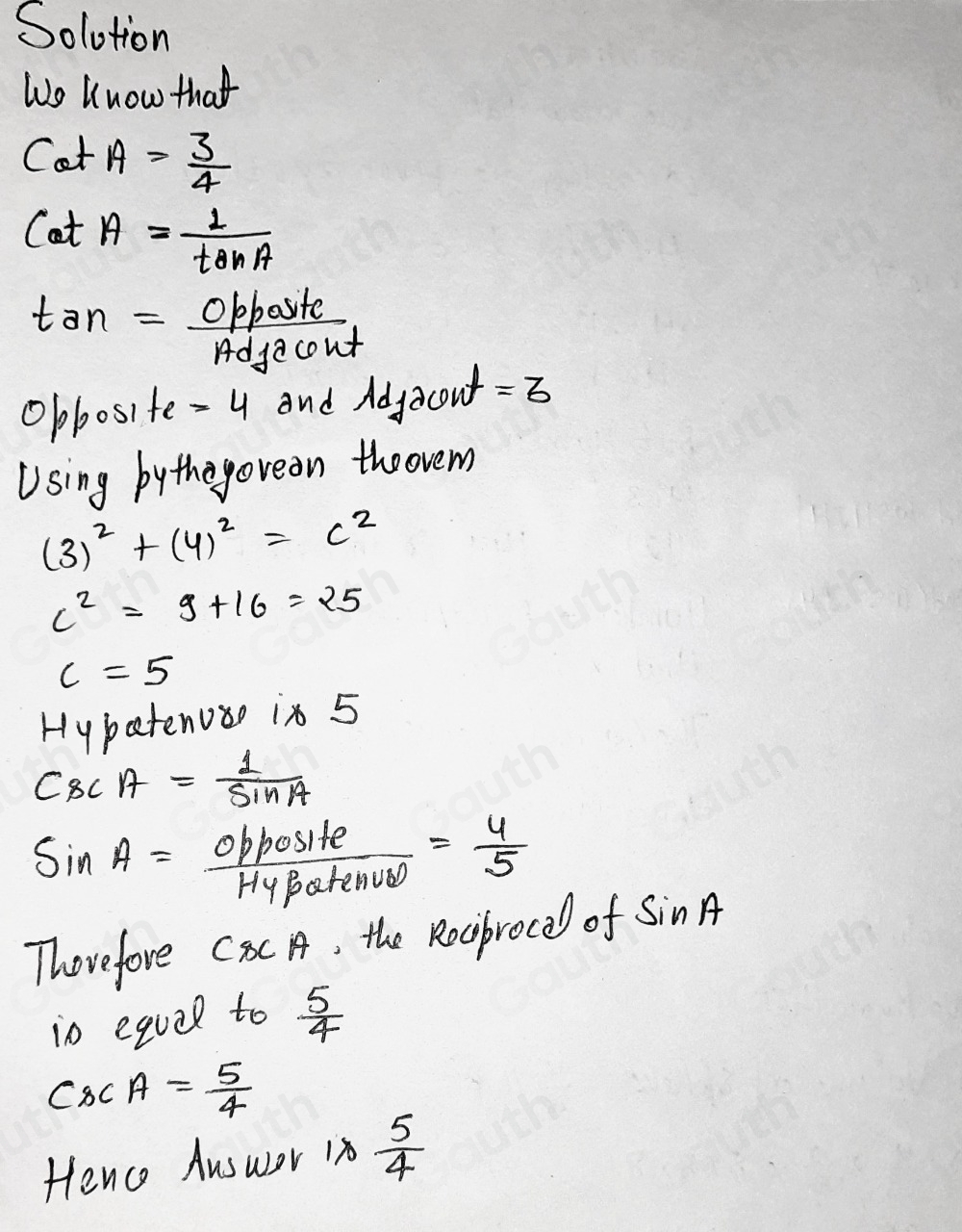 Solved: Given cot A= 3/4 and that angle A is in Quadrant I, find the exact value of csc A in sim ...