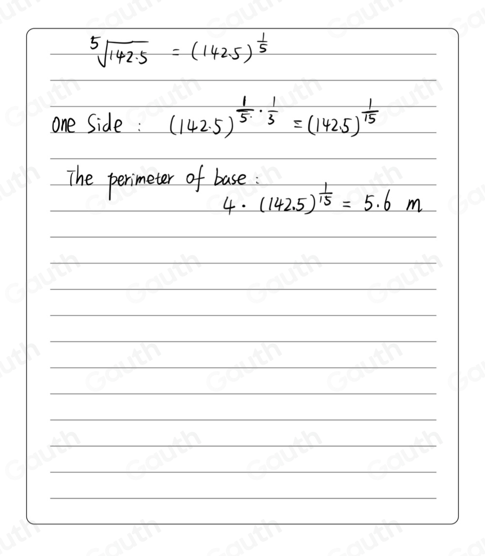 Solved: Incorrect The volume of a cube is sqrt[5](142.5)m^3. Find the ...