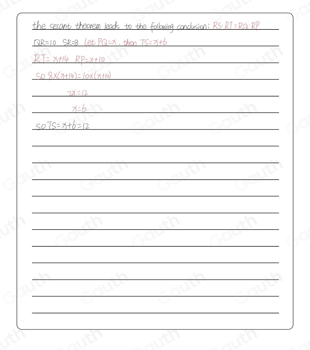 Solved: Given the circle below with secants overline PQR and overline TSR If QR=10, SR=8 and TS ...