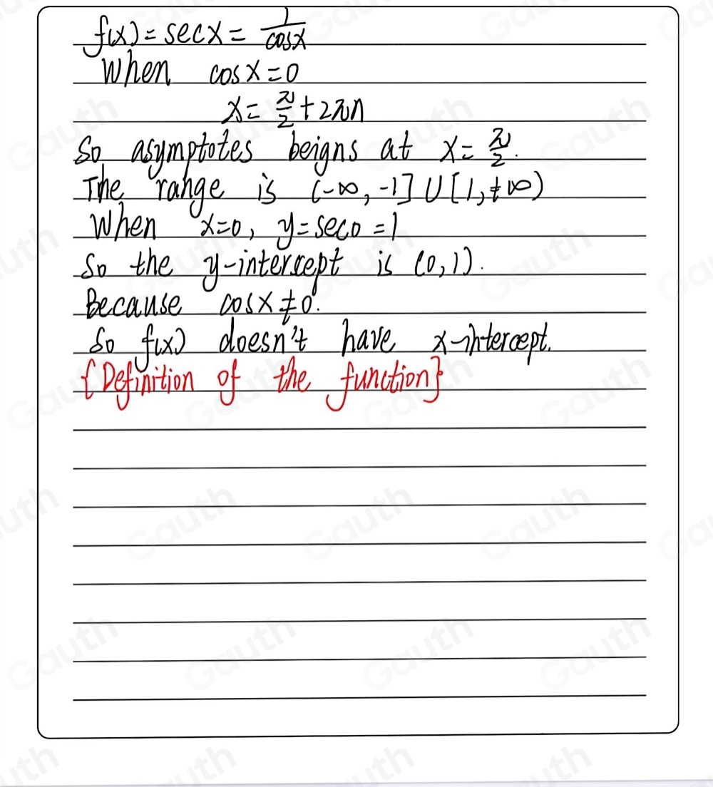Solved: What are the key characteristics of the graph of f(x)=sec x ? Select all correct ...