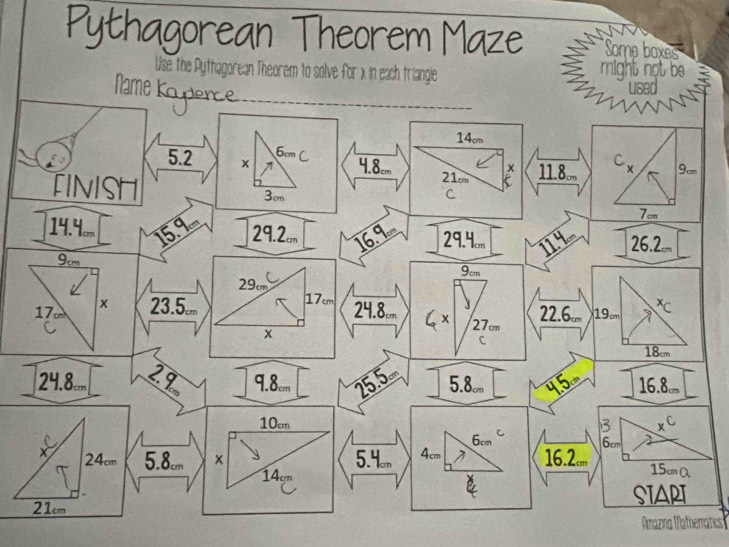 Solved: Pythagorean Theorem Maze Some boxes Use the Pythagorean Theorem to solve for x in each ...