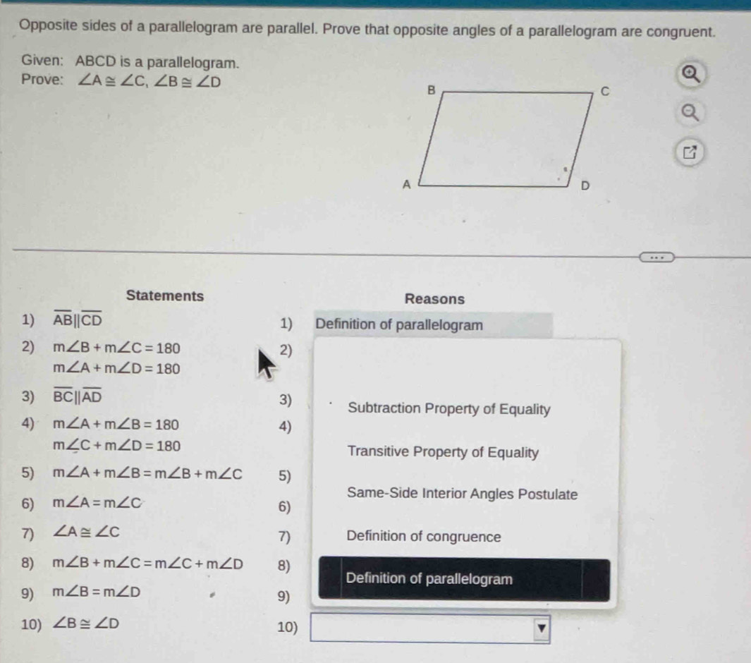 Solved: Opposite sides of a parallelogram are parallel. Prove that opposite angles of a ...