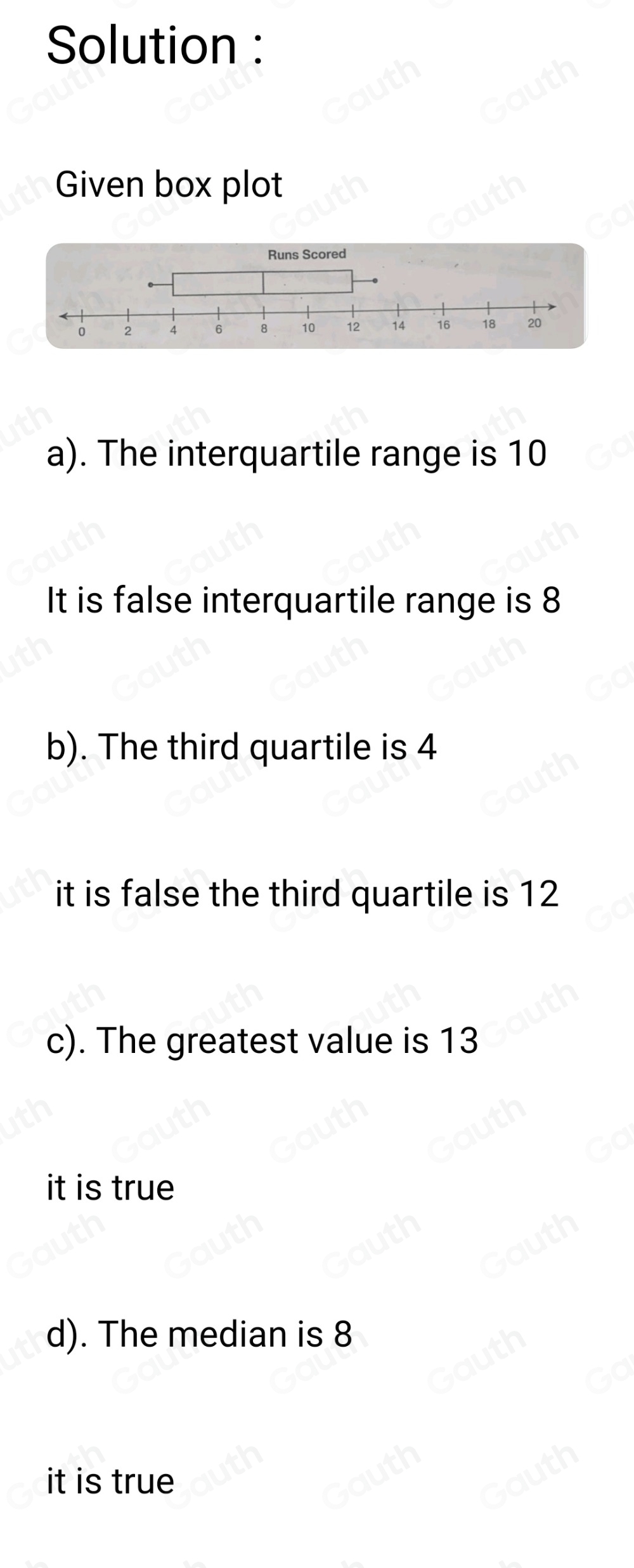 Solved: 15. The box plot below shows the number of runs scored by a ...